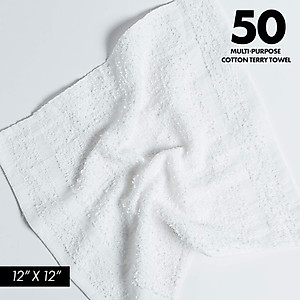 100% Cotton Terry Towels Cleaning Cloths Pack of 50 (12x12 Inches) White Cotton Terry Cloth Bar Rags White Bar Towels, Multipurpose High Absorbent Terry Towels for Cleaning Auto Detailing or Painters