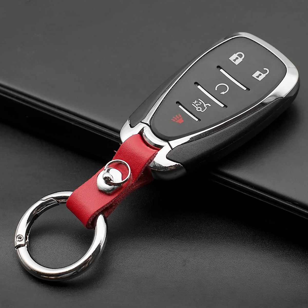 INFIPAR Circle Carabiner Keychain Clip Quick-Release Spring Ring & Anti-lost Ring Attach Leather Key Chain, No Screwdriver Required, 1 Pack, Red - Newest Version