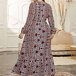 Dresses for Women Plus Size Women's Summer Casual V Neck Geometric Print Long Sleeved Loose Elastic Waist Dress Long Red