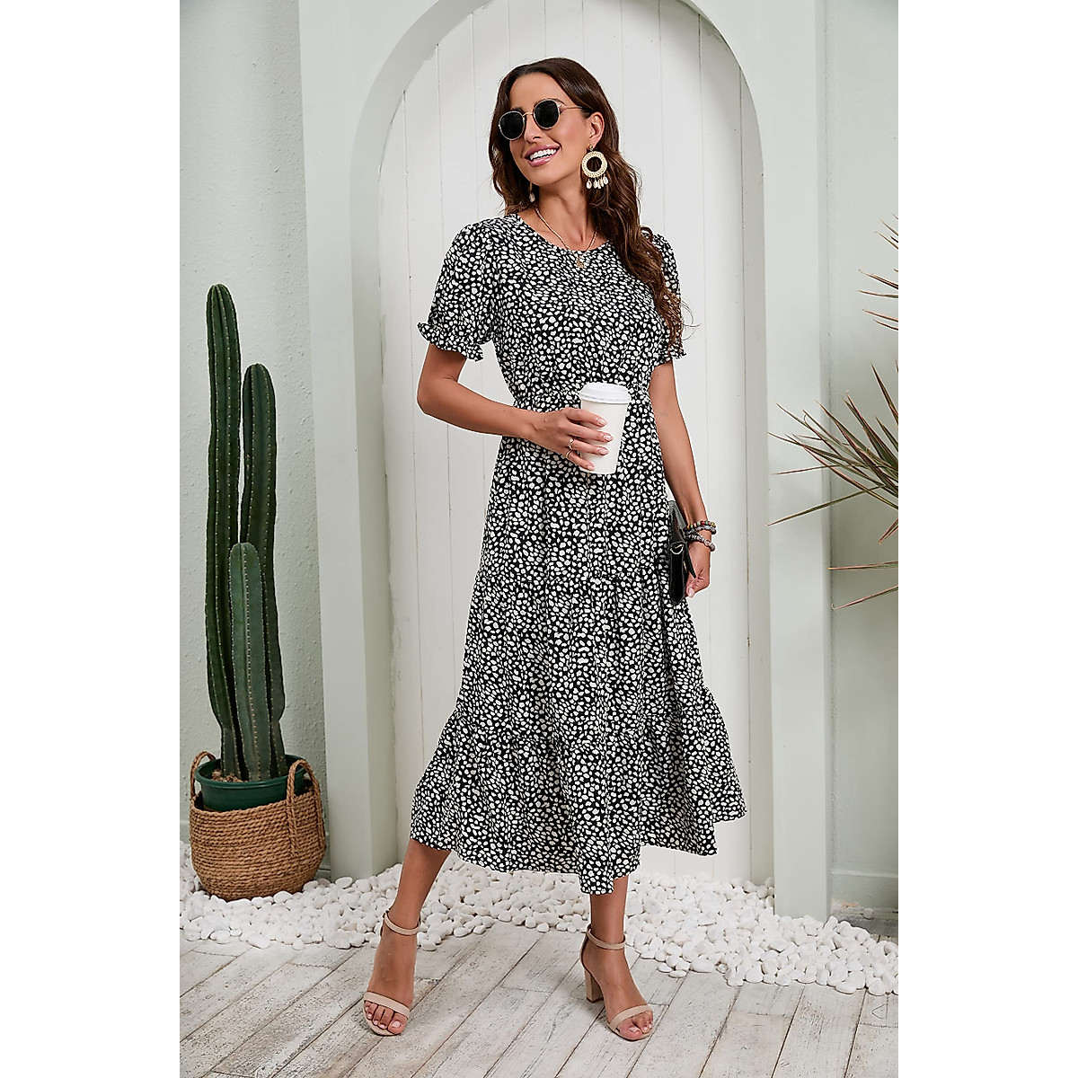 GRECERELLE Women Dress, Summer Casual Loose Crew Neck Boho, Leopard Dot Ruffle Puff Sleeve, High Waist Midi Beach Dress