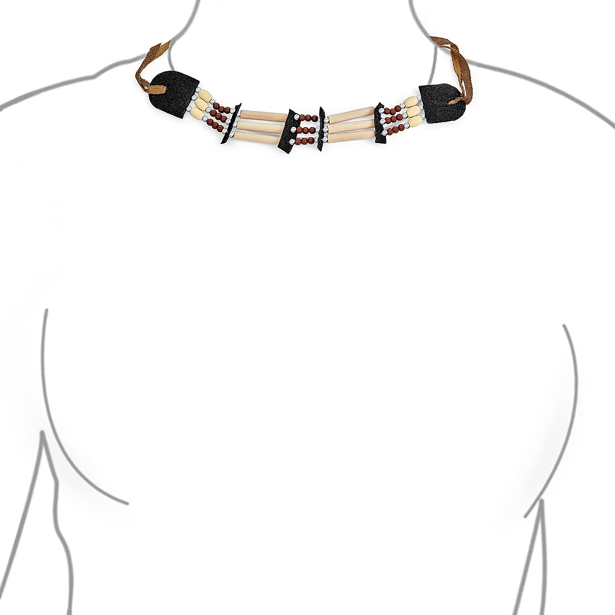 Boho South Western American Indian Style Handmade 3 Row Line Brown Bead Natural Wood Hair Pipe Black Leather Tribal Wide Choker Adjustable Necklace for Women Teens