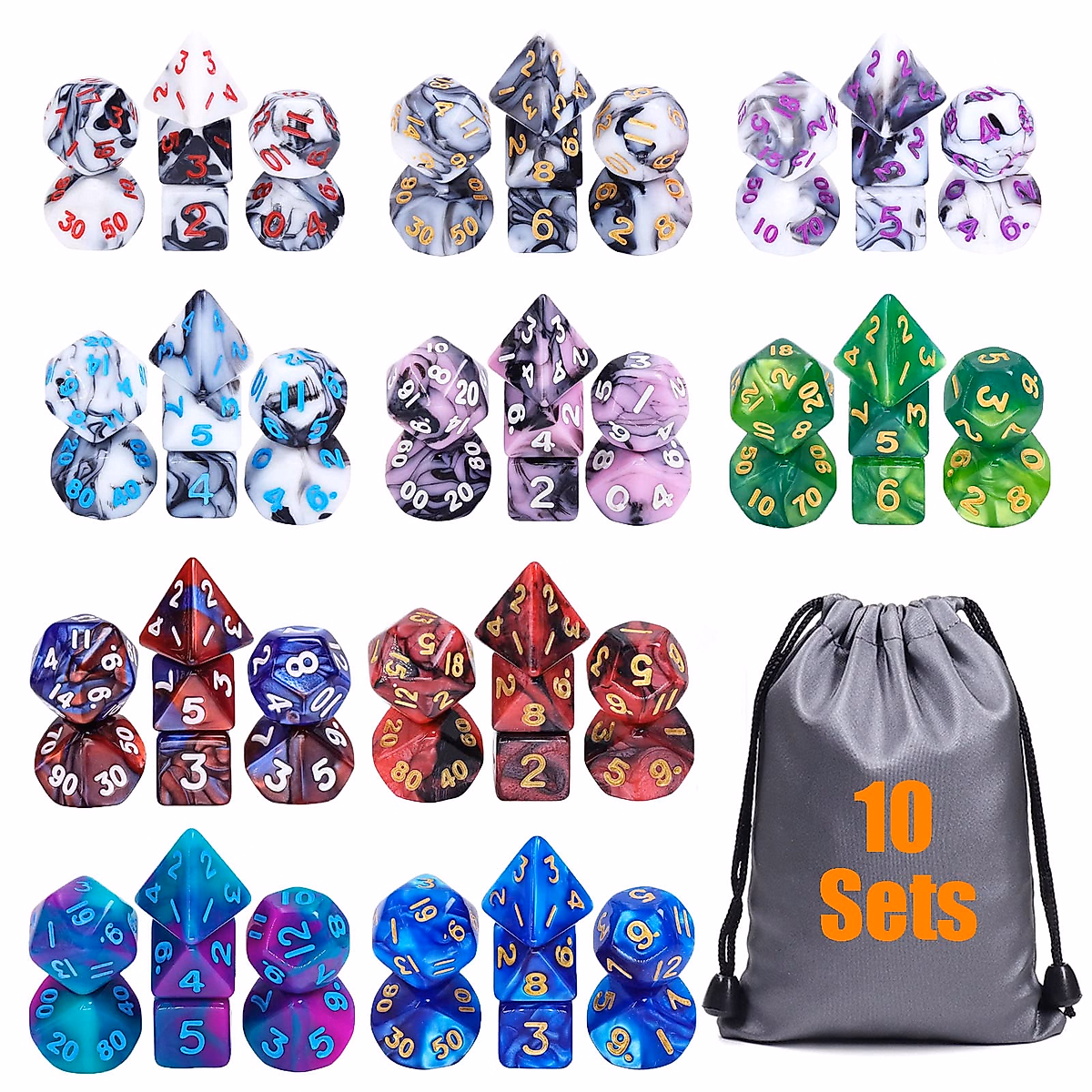 10mm Mini DND Dice Set,10 Sets Polyhedral RPG Dice (70pcs) for MTG,RPG,D&D Dungeons and Dragons Role Playing Game.(Two-Colour Swirl)
