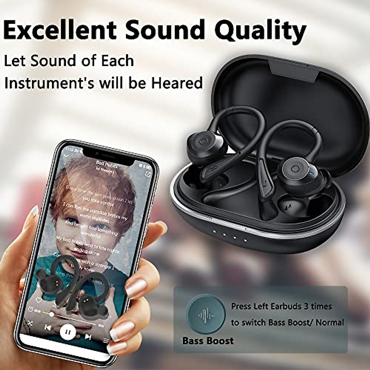 JoxFel Wireless Ear Buds,Bluetooth Running Headphones with Built-in Microphone Deep Bass 36H Playtime in Ear Earbud with Ear-Hooks LED Display IPX7 Waterproof Sport Earbuds for Running Gym Working