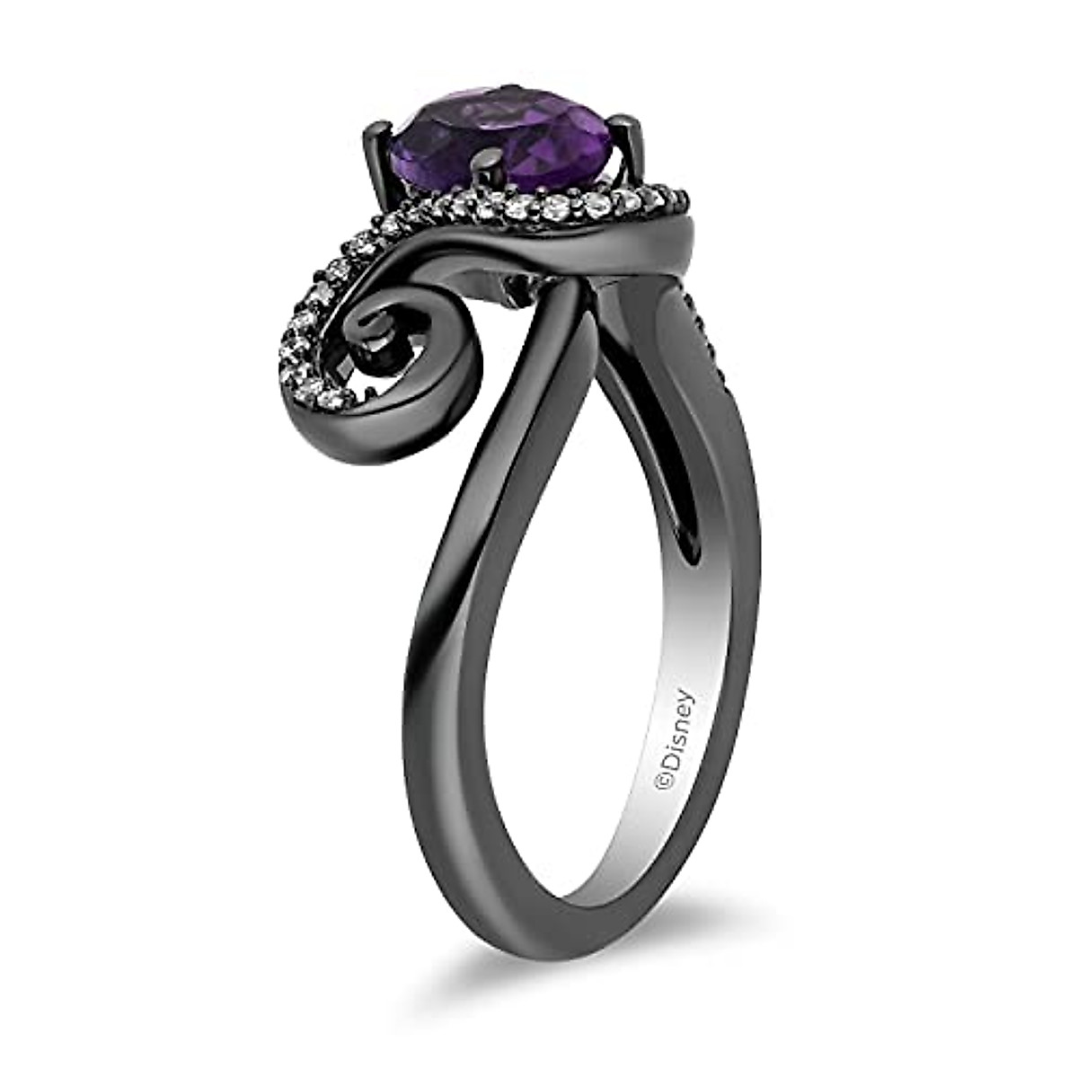 Jewelili Enchanted Disney Fine Jewelry Black Rhodium over Sterling Silver 8x6 MM Oval Shape Amethyst and 1/6 Cttw Natural White Round Diamond Ursula Ring, Size 7