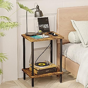 Fixwal 2-Tier Nightstand with Charging Station, End Table Set of 2, Side Table with USB Ports and Power Outlets, Side Table for Living Room, Bedroom, Rustic Brown and Black