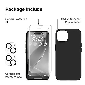 GONEZ for iPhone 14 Case Silicone, with 2X Screen Protector + 2X Camera Lens Protector, [Soft Anti-Scratch Microfiber Lining], Liquid Silicone Shockproof Protective Phone Cover 6.1", Black