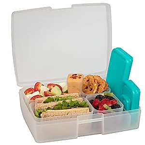 Kids Lunch Box & Bento Box Kit, Turquoise, Lunch Bag Tote Set is Insulated & Keeps Food Cold for Hours, Includes Bento Inside, 5 Removable Containers & Blue Lids, Great for Girls Back to School
