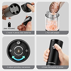 Bonsenkitchen Electric Salt and Pepper Grinder Set, Battery Operated(Not Included),2 Pack Automatic Salt & Pepper Mill Shakers with LED Light, Adjustable Coarseness, Storage Base, 95ml Large Capacity
