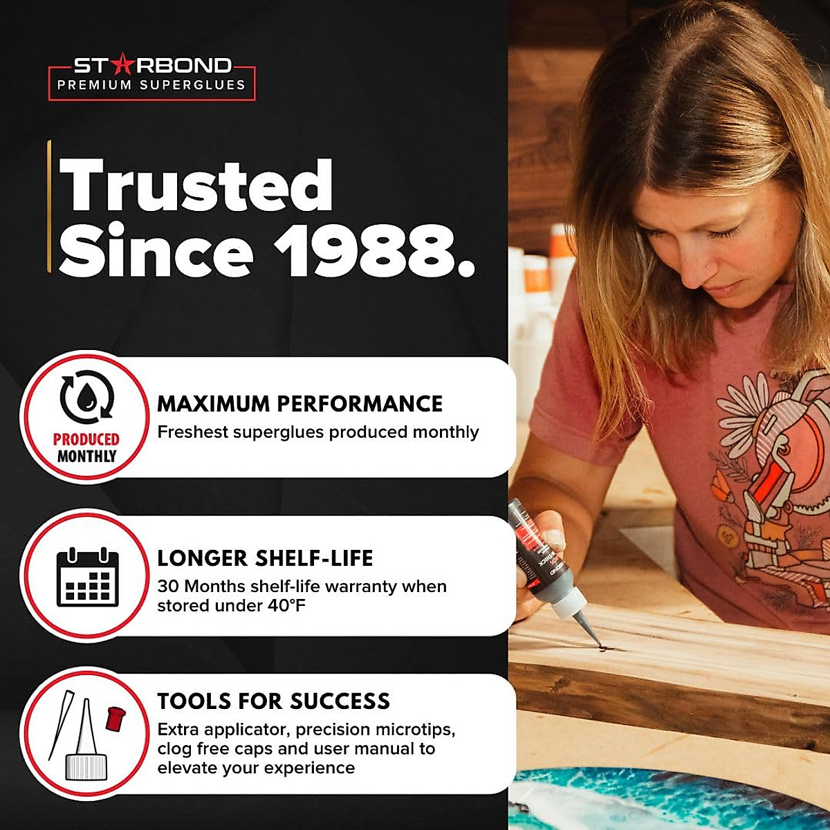 Premium CA Glue with Activator Bundle by STARBOND - (2oz) Thin CA Glue, Medium CA Glue, Thick CA Glue, 6 oz. Aerosol Accelerator - CA Glue for Woodworking, Woodturning, Hobby Models, 3D Printing