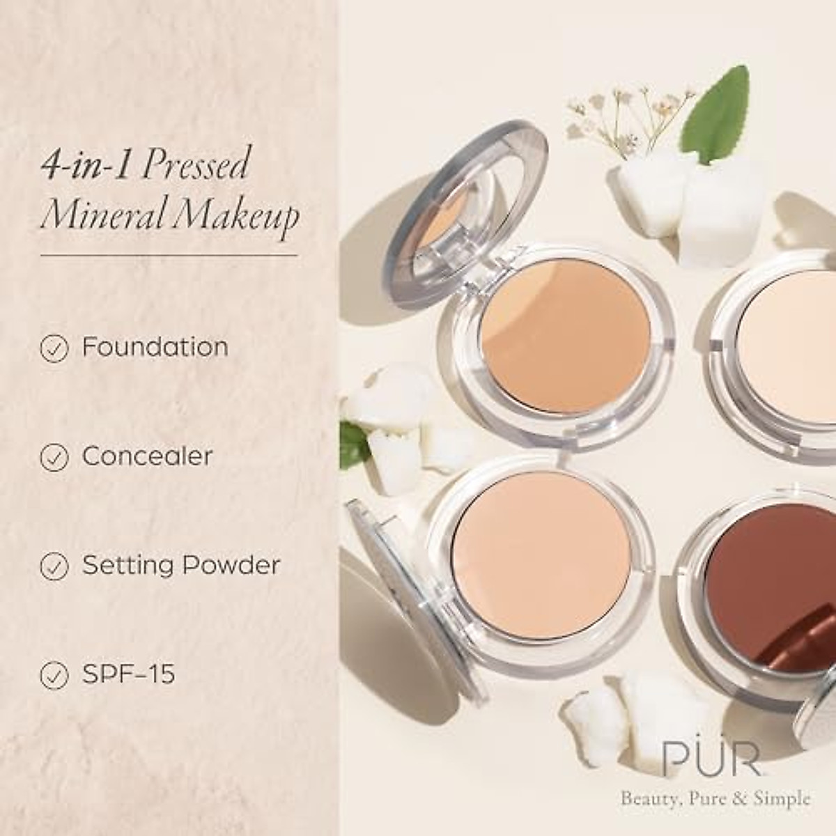 PUR Beauty 4-in-1 Pressed Mineral Makeup Powder Foundation with SPF 15 - Concealer & Finishing Compact Pressed Powder for Face - Buildable Medium to Full Coverage Foundation Powder (Light Porcelain)