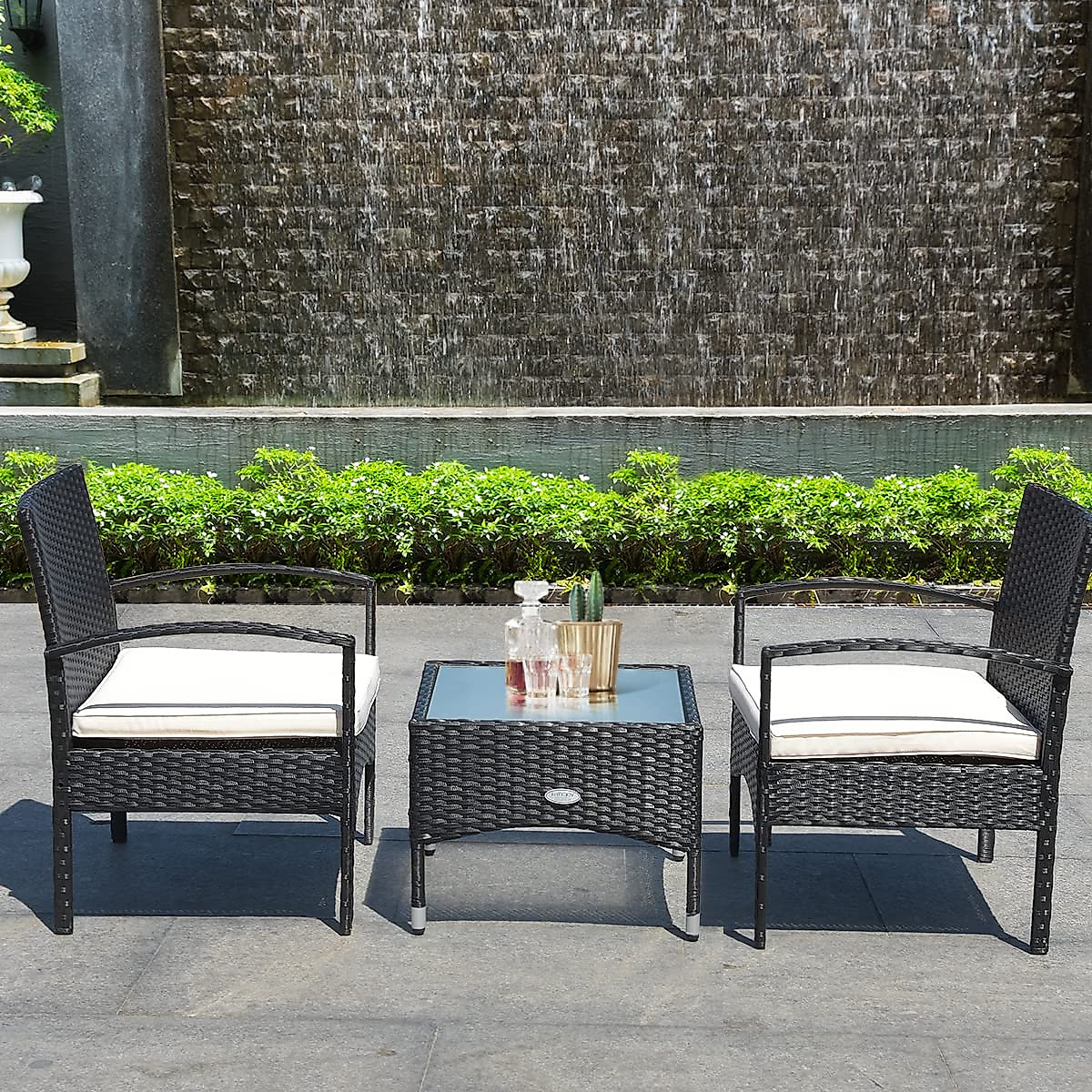 COSTWAY 3 PCS Patio Wicker Conversation Set, PE Rattan Sofa with Tempered Glass Coffee Table, 2 Chairs, 2 Cushions, Outdoor Patio Furniture Set for Yard Porch Bistro Balcony Backyard Pool, White