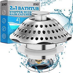 zaa Bathtub Drain Stopper, 2in1 Tub Stopper Bathtub Drain Cover and Hair Catcher, Pop Up Bathtub Drain Plug, Replaces Bath Tub Lift & Turn, Tip-Toe or Trip Lever, for 1.46-2" W Drain Hole, Silver