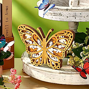 Wooden Led Butterfly Sign 3D Rustic Crafts Glowing Butterfly Decor Wood Butterfly Centerpiece Farmhouse Wooden Tabletop Ornament Spring Freestanding Wood Sign for Home Shelf Kitchen Party