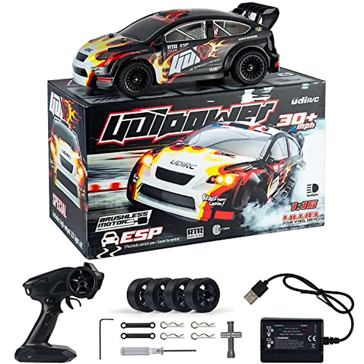 Losbenco Remote Control Car 1/16 Scale 30+MPH 4WD Drift RC Car, 7.4V 1200mAh RC Off-Road Car with Upgraded Brush Motor, 2 Sets of Tires and Light for 8-12 Years Old