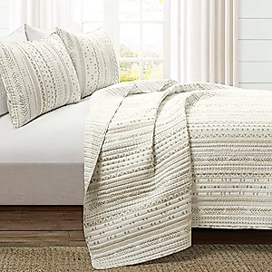 Lush Decor Hygge Stripe Oversized Reversible 3 Piece Quilt Set, King, Neutral & White