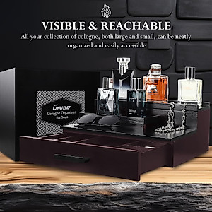 ONUEMP Wooden Cologne Organizer for Men, Perfume Organizer for Dresser, Cologne Stand with Hidden Storage and Drawer, Cologne Holder Tray Shelf, Fragrance Organizer Display Stand Rack, Gifts for Men