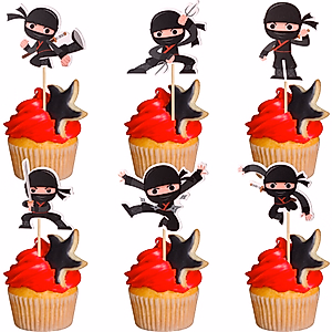 24 PCS Ninja Cupcake Toppers Assembled Martial Arts Karate Kung Fu Warriors Cupcake Picks Decorations for Ninja Theme Baby Shower Kids Birthday Party Supplies
