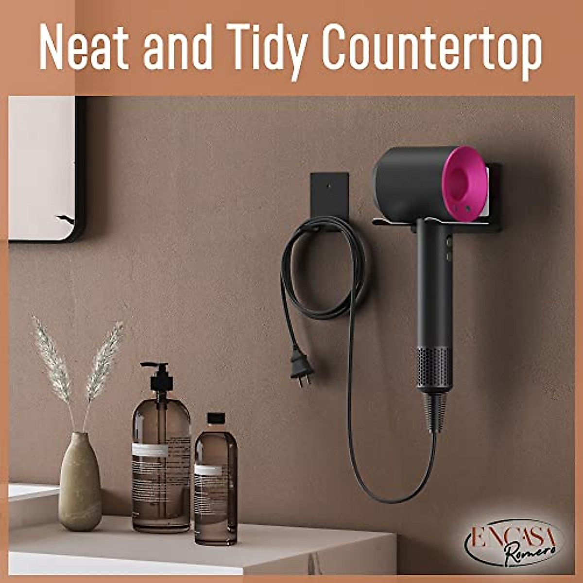 EnCasa Romero Hair Dryer Holder - Wall Mounted Hanger for Blow Dryers & Hair Dryers and Power Cord - Dual Mounting Option with Self Adhesive Strips and Screws Compatible with Dyson & Most Hairdryers