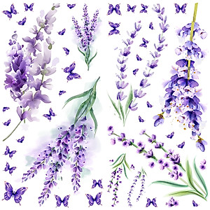 Removable Purple Lavender Wall Decals Purple Flowers Butterfly Wall Stickers DIY Removable Watercolor Floral Flowers Butterfly Wall Art Murals for Kids Girls Bedroom Living Room Nursery Office DT-6009