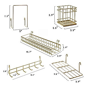 JOVONE Wall Grid Panel Basket,Display shelf,Pen Holder,Hooks Rack,Bookshelf,Wall Organizer For Home supplies,Set of 5 (Gold)