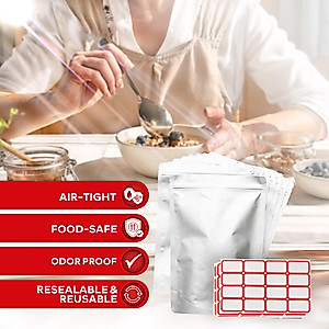 XFasten Resealable Mylar Bags for Food Storage with 112 Labels 1 Quart 7" x 10" (100-Pack) Resealable Bags for Small Business Resealable Mylar Bag for Food Preservation, Sealable Bags for Packaging