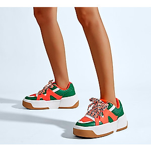 LUCKY STEP Women’s Platform Fashion Sneakers Lace up Casual Faux Leather Comfortable Thick Sole Tennis Walking Shoes (Green/Orange, 7 B(M) US)