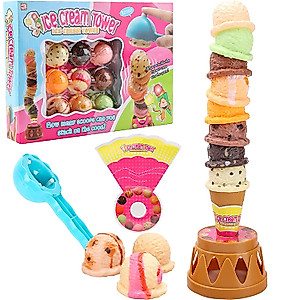 Ice Cream Toy Stacking Tower - Balancing and Stackable Scoop Ice Cream for Toddlers, Kids Pretend Food Play Set Kitchen Dessert