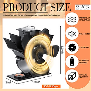 VIHOSE 2 Pcs 5 Blades Wood Stove Fan with 2 Thermometer Heat Powered Stove Fan Fireplace Fan for Wood Burning, Pellet, Burner, Log Stoves