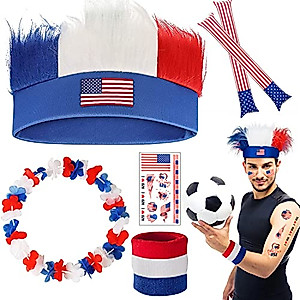 MOVINPE American Patriotic Accessories, USA Flag Wig, Red White and Blue Flower Leis Thunder Sticks Wristband Tattoos, Decoration for World Cup Soccer Supporters, Independence Celebration 4th of July