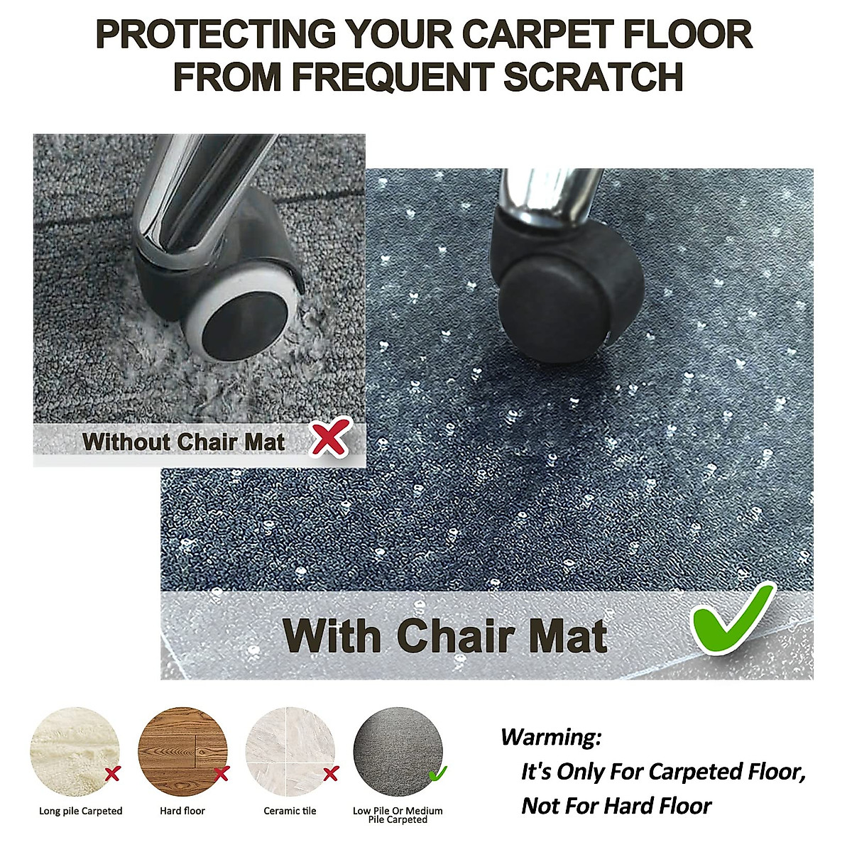100pointONE Office Chair Mat for Carpet, Heavy Duty Studded Desk Chair Mat for Carpeted Floors - Shipped Flat & No Divots. Polycarbonate Computer Chair Mat for Medium & Low Pile Carpet 30"x 48"