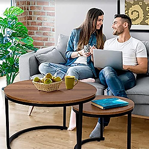 Coffee Tables for Living Room - Small Round Coffee Table Set of 2, Center Table with Solid Wood Grain Table Top and Sturdy Metal Frame, Nesting Tables for Small Spaces, Easy to Assemble (Walnut)