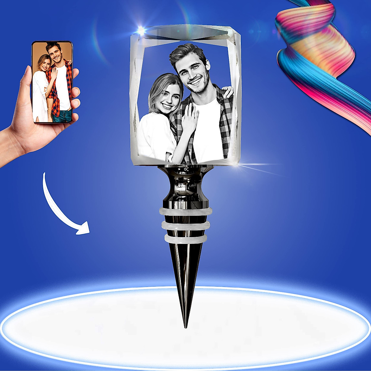 3D Crystal Photo Wine Stopper - 3D Crystal Picture Engraved, Personalized & Custom - Gift for Father's day, Anniversary, Pet, Memorable Gift, and Keepsake