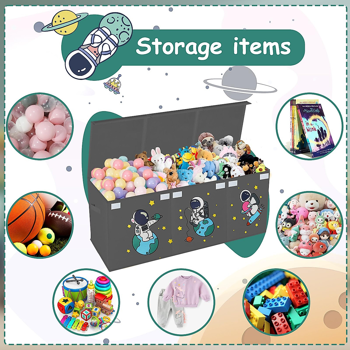 JAYSDAYLY Large Toy Box Storage Organizer,Sturdy Toys Storage Chest Bin Basket with Dividers and Lids for Toddlers,Boys,Girls,Nursery,Closet,Living Room Area,Playroom(Grey Astronaut)