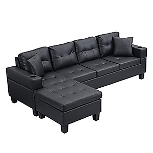 Livavege Oversized Sofa Large Couhes, L-Shape Faux Leather Sectional Couch with A Saucer, Chaise and Storage Ottoman for Office Living Room Furniture Sets, Black