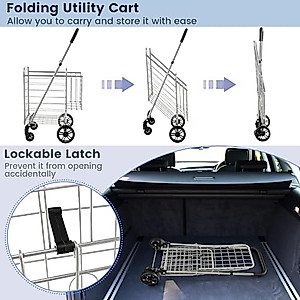 Goplus Folding Shopping Utility Cart, Double Basket and 360° Swivel Wheels, Adjustable Handle, Small Cart Perfect for Grocery Laundry Book Luggage Travel