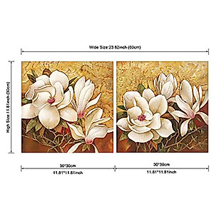 Pyradecor Magnolia Flowers Modern 2 Piece Stretched Floral Canvas Prints Oil Paintings Artwork Style Brown Pictures on Canvas Wall art for Living Room Bedroom Home Decorations