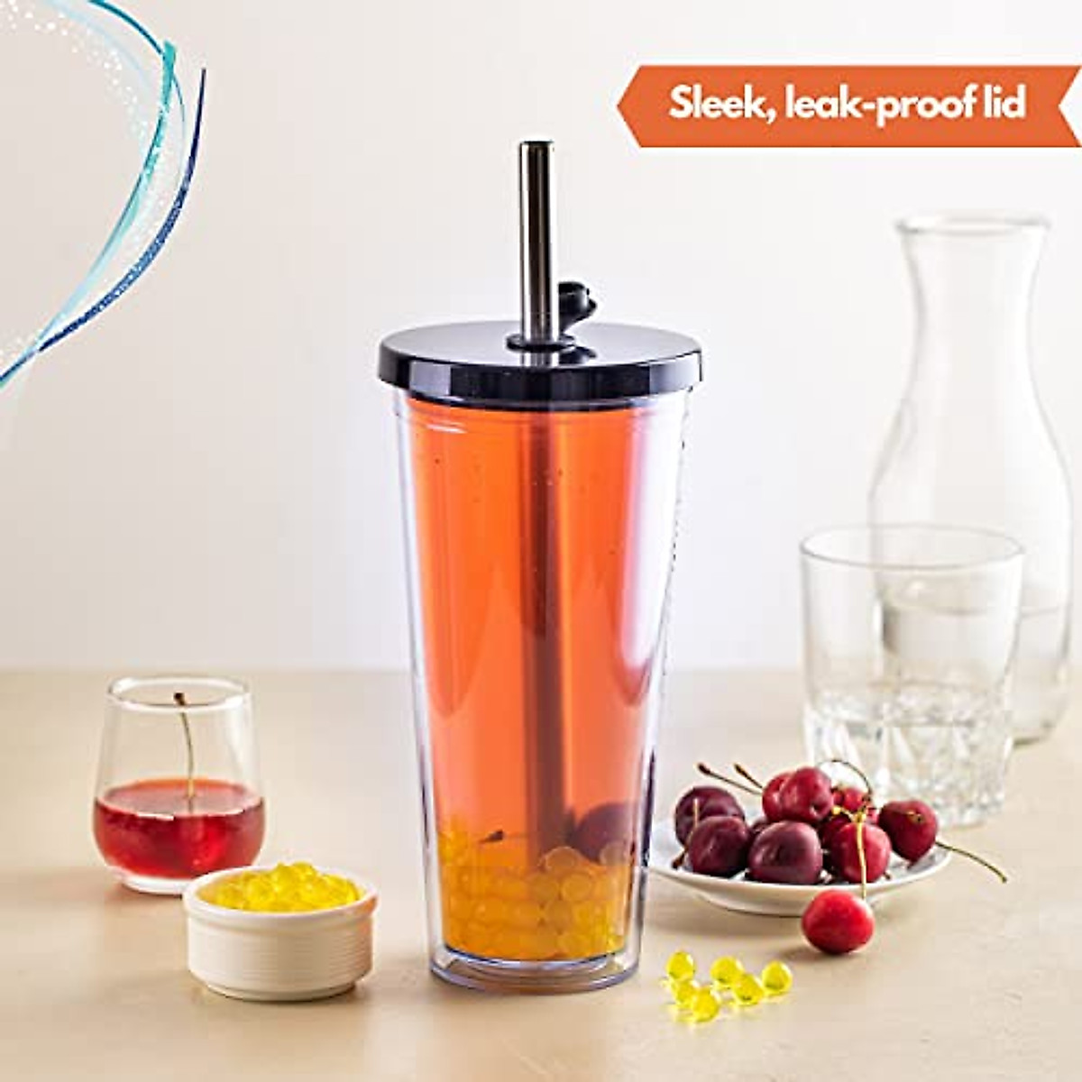 24 oz Reusable Boba Cup Smoothie Tumbler with Resealable Lid Plug, Double Wall Insulated, Boba Tea Kit, Leakproof Bubble Tea Cup, Reusable Boba Straw for Boba Pearls, Bubble Tea Kit, Boba Kit (Black)