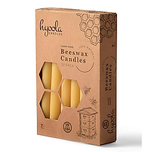 Hyoola 7 Inch Beeswax Taper Candles 12 Pack - Handmade, All Natural, 100% Pure Unscented Bee Wax Candle - Tall, Decorative, Golden Yellow - 7 Hour Burn Time
