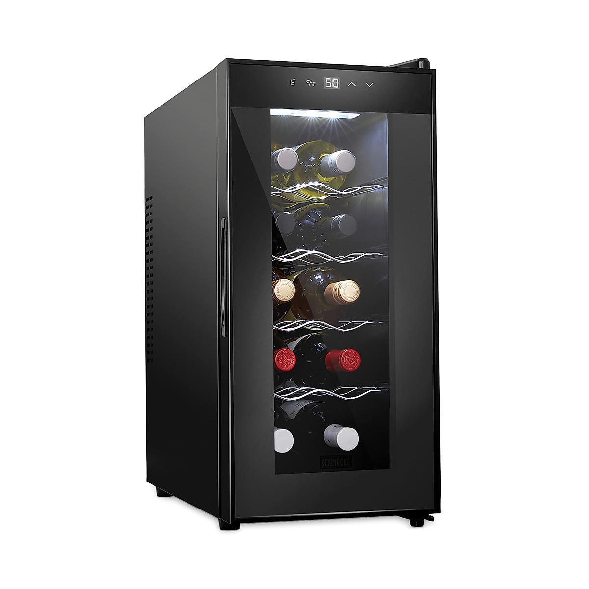 Schmécké 10 Bottle Red And White Wine Thermoelectric Wine Cooler/Chiller Counter Top Wine Cellar with Digital Temperature Display, Freestanding Refrigerator Smoked Glass Door Quiet Operation Fridge