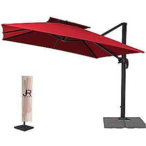 JEAREY 9FT Square Cantilever Patio Umbrella Double Top Roating Outdoor Offset Umbrella Heavy Duty Sun Umbrella for Patio Lawn Garden Backyard and Pool, RED