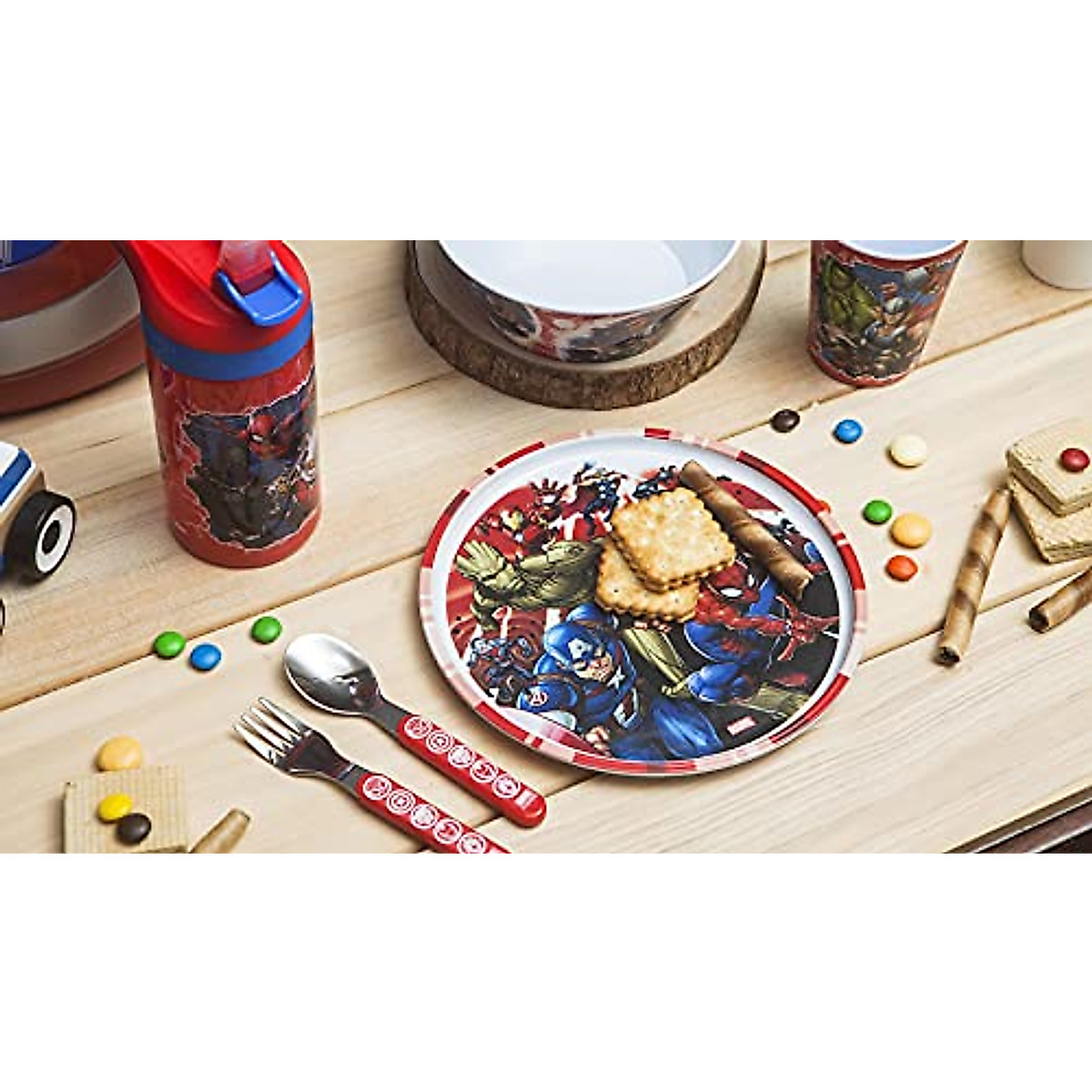 zak! Marvel Universe - 5-Piece Dinnerware Set - Durable Plastic & Stainless Steel - Includes Water Bottle, 8-Inch Plate, 6-Inch Bowl, Fork & Spoon - Suitable for Kids Ages 3+