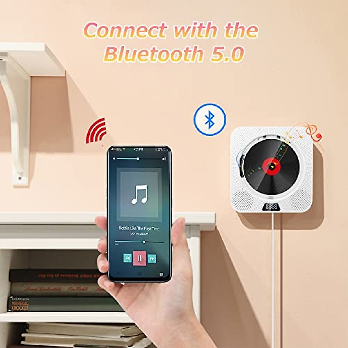 Wall Mountable CD Player Bluetooth: CD Player for Home with LCD Display Remote Control - Built-in HiFi Speakers FM Radio, Support CD/MP3/USB/TF/AUX Input Output/time and Alarm Clock