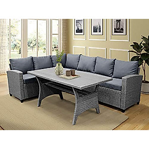 HHOK Patio PE Rattan Wicker Conversation Weather Sectional Sofa Set with Table & Soft Cushions, B-Gray Outdoor Furniture