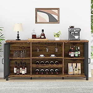 Launica Industrial Coffee Bar Cabinet, Wine Bar Cabinet for Liquor and Glasses, Liquor Cabinet with wine Rack Storage, Wood Metal Sideboard Buffet Cabinet for Home Kitchen Dining, Rustic Brown 55 Inch