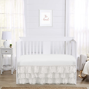 Sweet Jojo Designs White Floral Rose Girl Baby Crib Bed Skirt Nursery Dust Ruffle - Solid Flower Luxurious Elegant Princess Vintage Boho Shabby Chic Luxury Glam High End Roses Ruffle Tiered