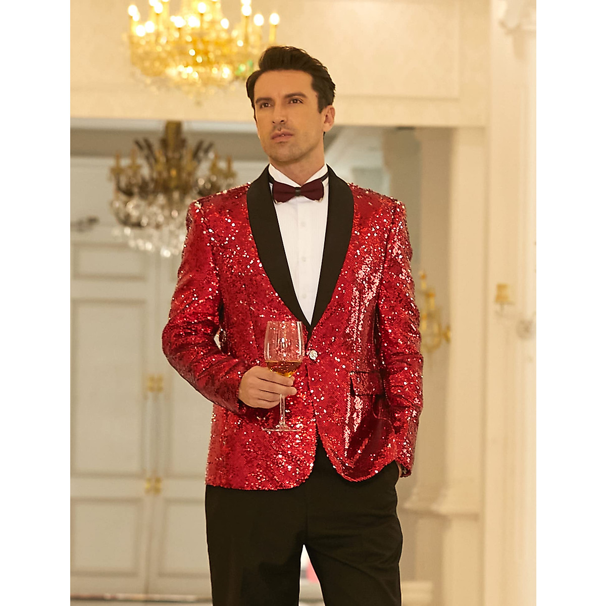 COOFANDY Shiny Sequins Suit Jacket Blazer One Button Tuxedo Christmas Nightclub Red