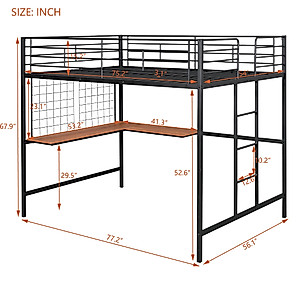 Black Full Loft Bed with Desk & Metal Grid, Metal Loft Bed Full Size with Safety Guardrails and Ladders, High Loft Bed Frame for Teens, Adults, No Box Spring Needed