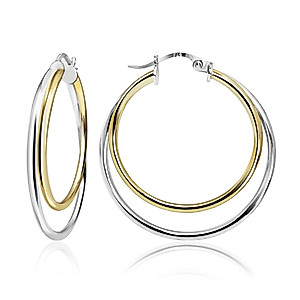 Sterling Silver Two-Tone Double Circle Round-Tube Polished Hoop Earrings, 30mm