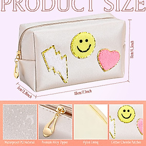 9 Pieces Preppy Patch Makeup Bag Chenille Letters Cosmetic Bag Smile Lightning Heart Pu Leather Portable Waterproof Toiletry Bag Travel Makeup Bag for Women (Gold, Smile, Lightning, Heart)