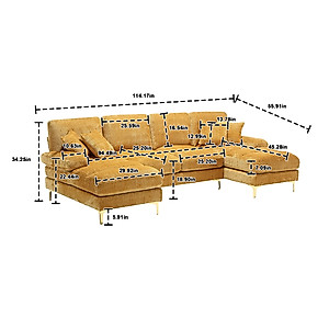 LUCKHAO Modern Large Sectional Sofa with 2 Chaises Lounges, U-Shaped Sectional Couch, Metal Legs, Comfy Deep 4 Seats Upholstered Living Room Furniture(Yellow)